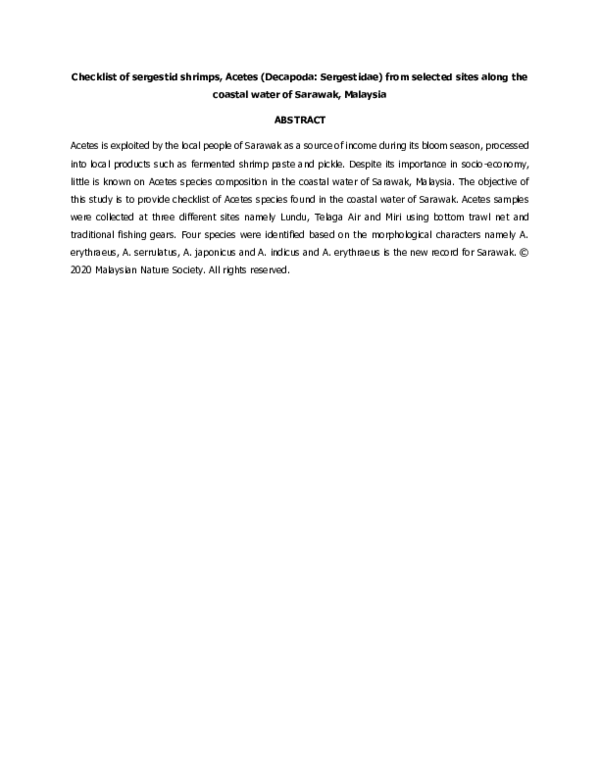 (PDF) Checklist of sergestid shrimps, Acetes (Decapoda: Sergestidae ...