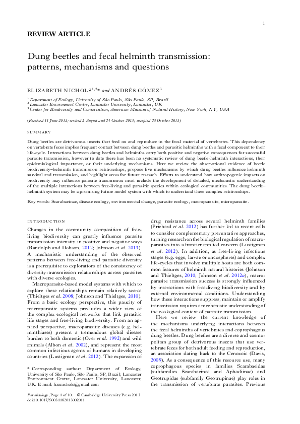 (PDF) Dung beetles and fecal helminth transmission: patterns ...