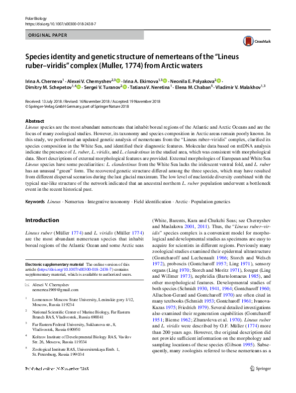 (PDF) Species identity and genetic structure of nemerteans of the ...