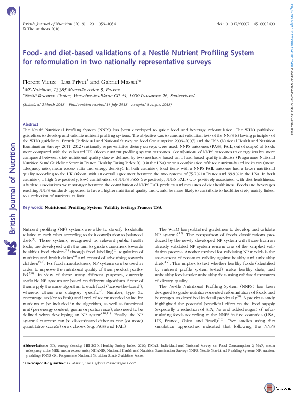 Pdf Food And Diet Based Validations Of A Nestlé Nutrient Profiling System For Reformulation