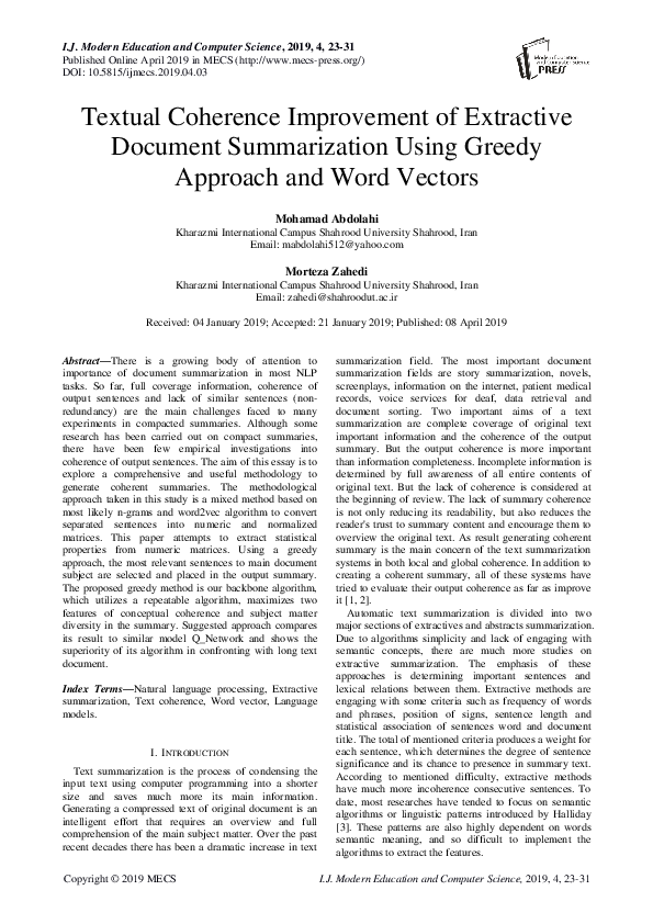 Pdf Textual Coherence Improvement Of Extractive Document Summarization Using Greedy Approach