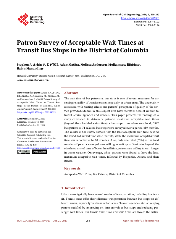(PDF) Patron Survey of Acceptable Wait Times at Transit Bus Stops in ...