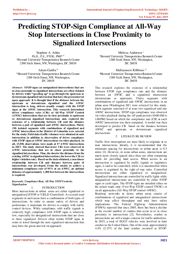(PDF) Predicting STOP-Sign Compliance at All-Way Stop Intersections in Close Proximity to ...