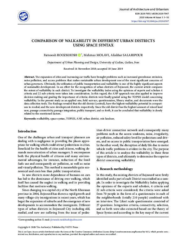 Pdf Comparison Of Walkability In Different Urban Districts Using Space Syntax
