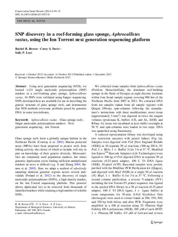 (PDF) SNP discovery in a reef-forming glass sponge, Aphrocallistes ...