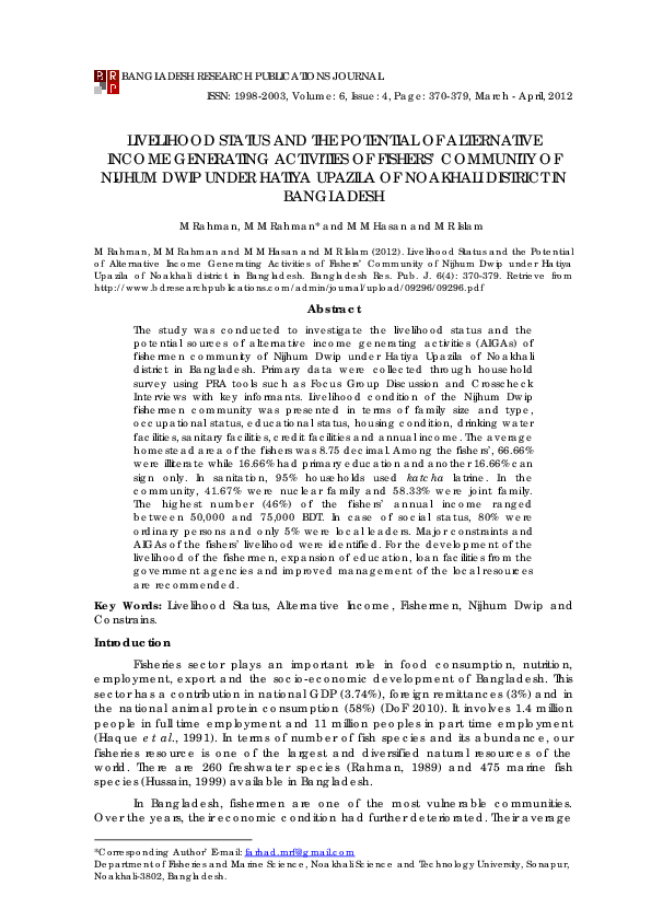 (PDF) Livelihood Status and the Potential of Alternative Income Generating Activities of Fishers ...