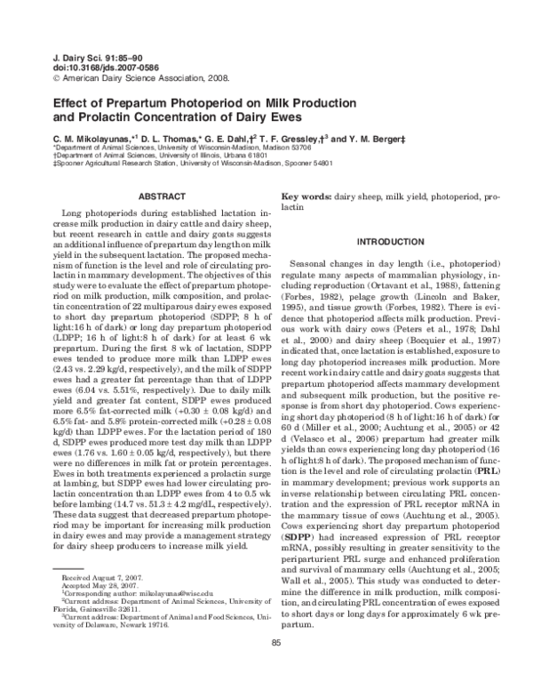 (PDF) Effect of Prepartum Photoperiod on Milk Production and Prolactin Concentration of Dairy Ewes