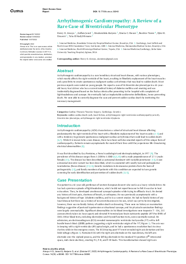 (PDF) Arrhythmogenic Cardiomyopathy: A Review of a Rare Case of ...