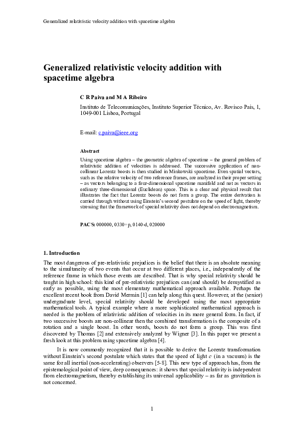 (PDF) Generalized relativistic velocity addition with spacetime algebra