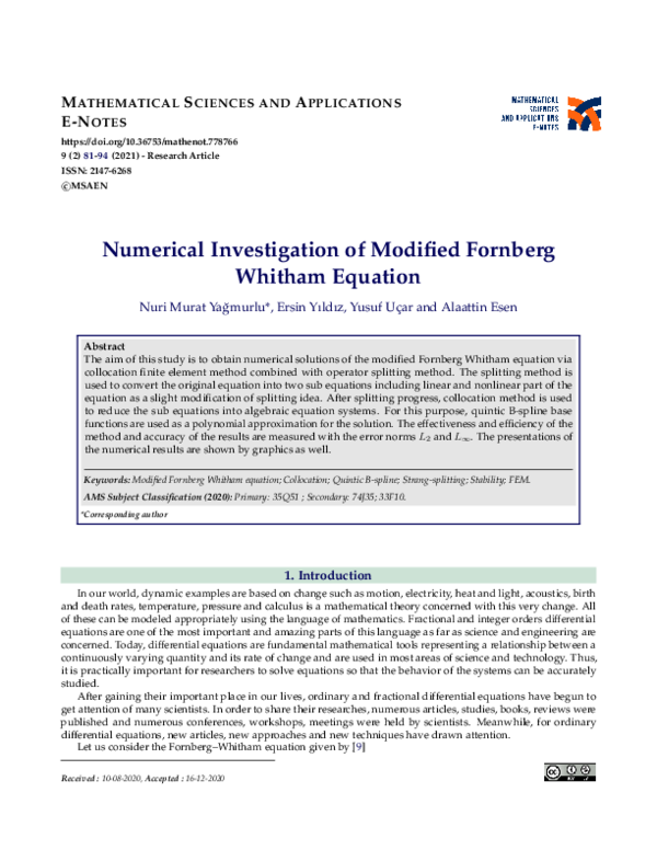 Pdf Numerical Investigation Of Modified Fornberg Whitham Equation