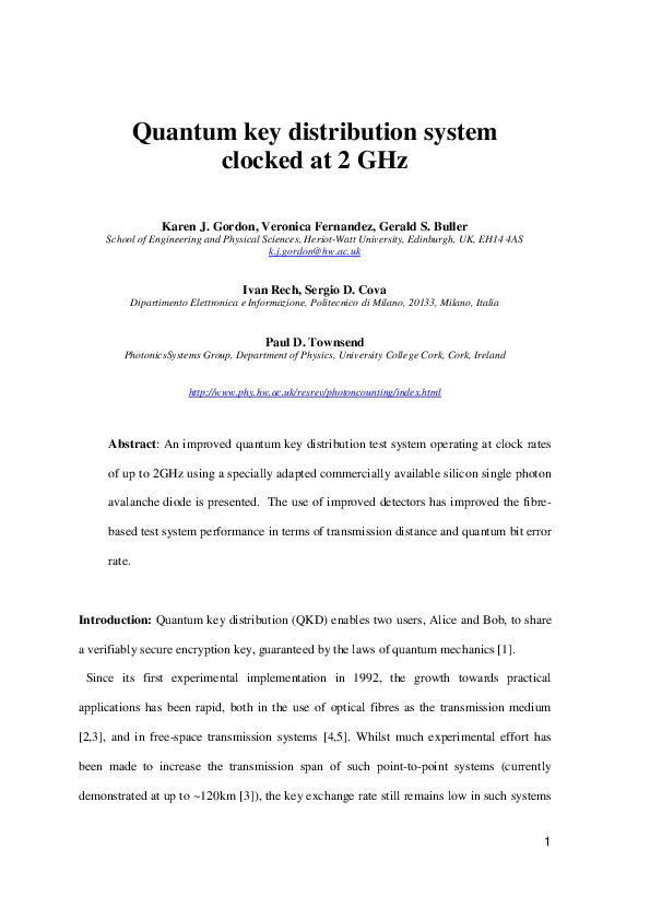 (PDF) Quantum key distribution system clocked at 2 GHz | Veronica Fernandez - Academia.edu
