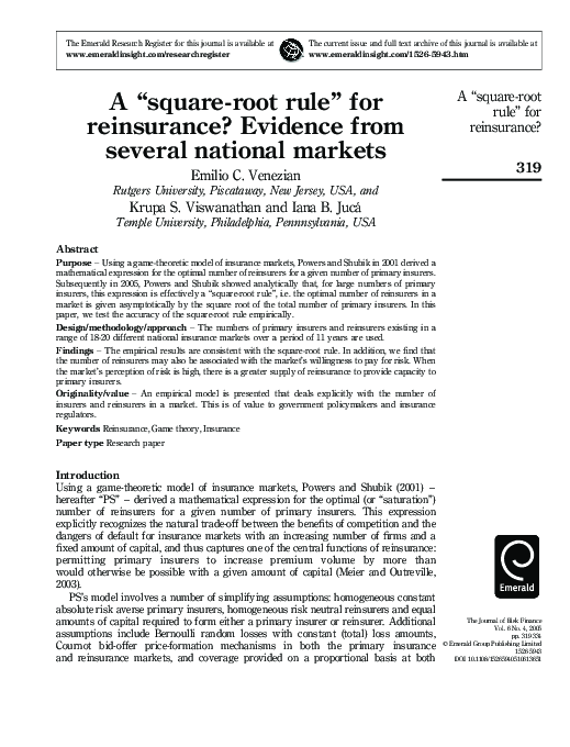 (PDF) A “square‐root rule” for reinsurance? Evidence from several ...