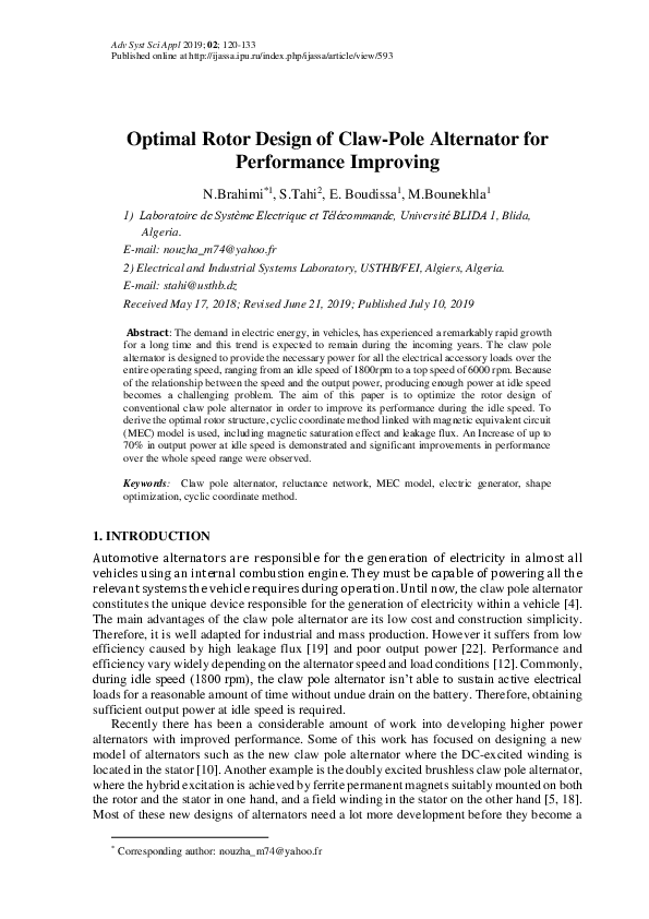 (PDF) Optimal Rotor Design of Claw-Pole Alternator for Performance ... (PDF) Optimal Rotor Design of Claw-Pole Alternator for Performance ...