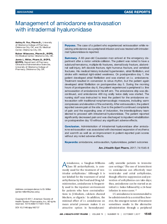 (PDF) Management of amiodarone extravasation with intradermal hyaluronidase