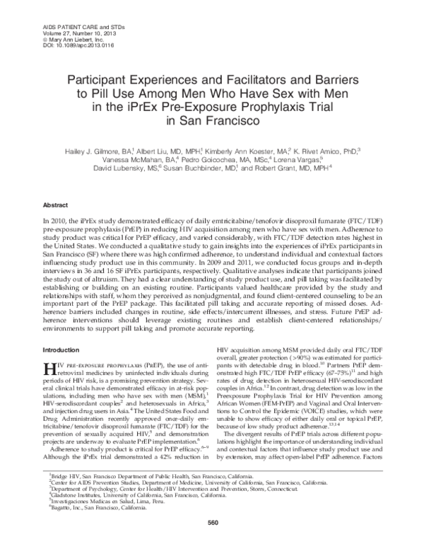 (PDF) Participant Experiences and Facilitators and Barriers to Pill Use ...
