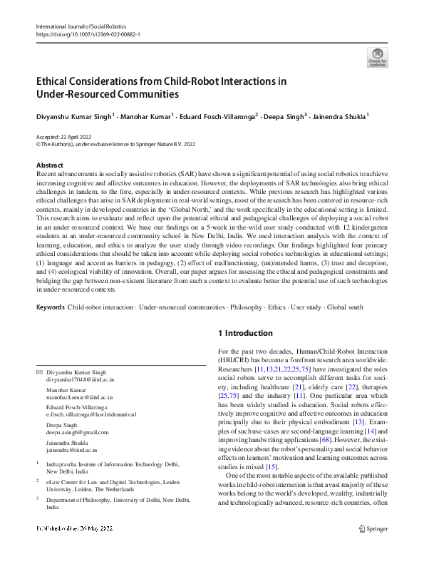 (PDF) Ethical Considerations from Child-Robot Interactions in Under ...