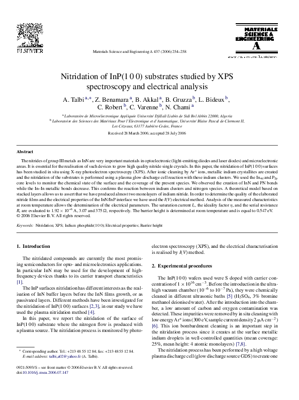 (PDF) Nitridation of InP(100) substrates studied by XPS spectroscopy ...