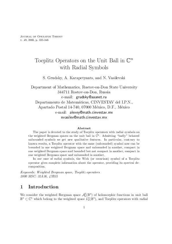 Pdf Toeplitz Operators On The Unit Ball In C N With Radial Symbols