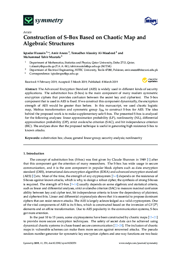 Pdf Construction Of S Box Based On Chaotic Map And Algebraic Structures