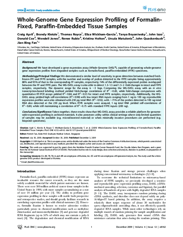 (PDF) Whole-Genome Gene Expression Profiling of Formalin-Fixed, Paraffin-Embedded Tissue Samples