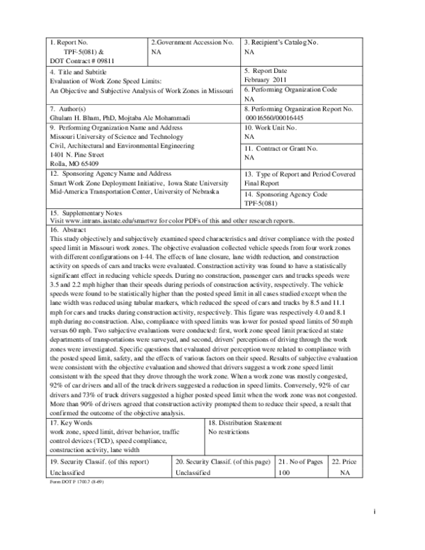 (PDF) Evaluation of Work Zone Speed Limits: An Objective and Subjective ...