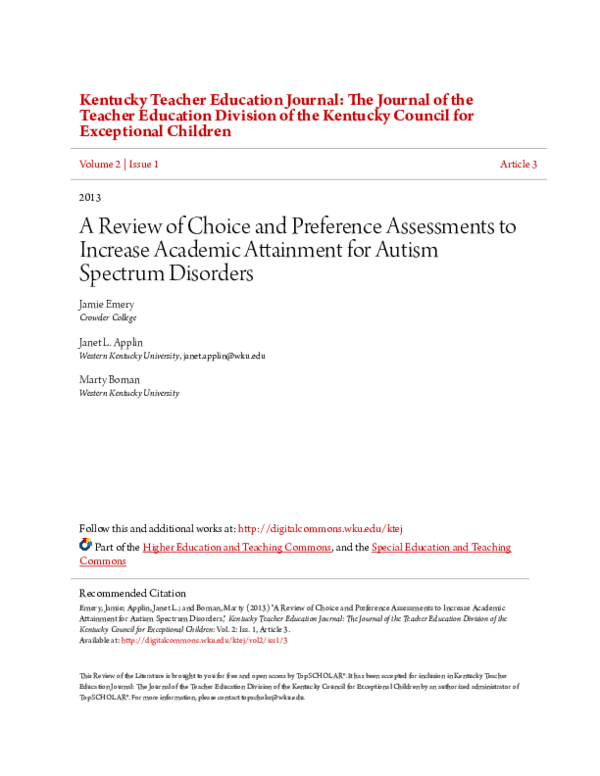 A Review of Choice and Preference Assessments to Increase Academic ...