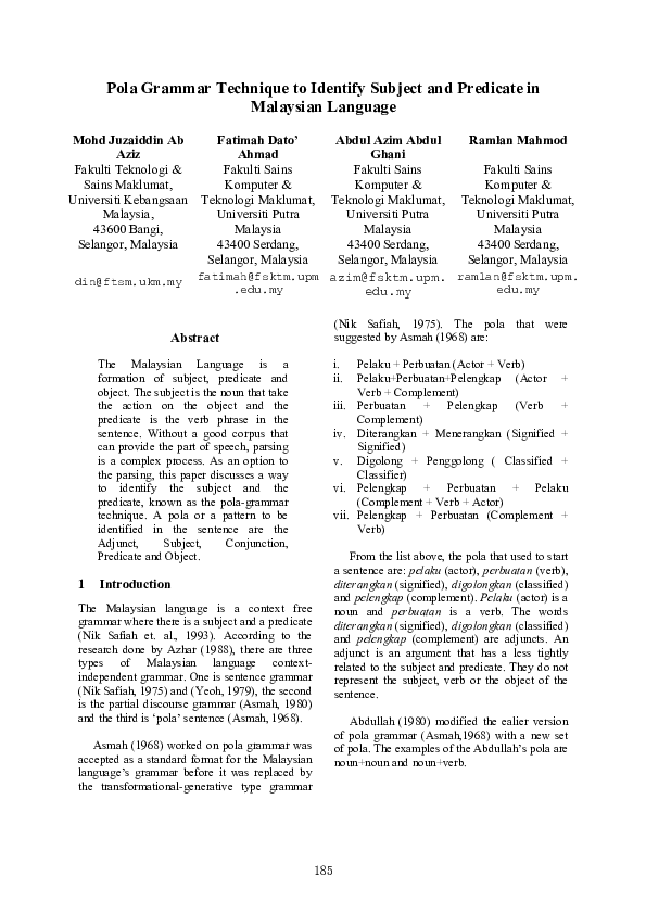 (PDF) Pola Grammar Technique to Identify Subject and Predicate in ...
