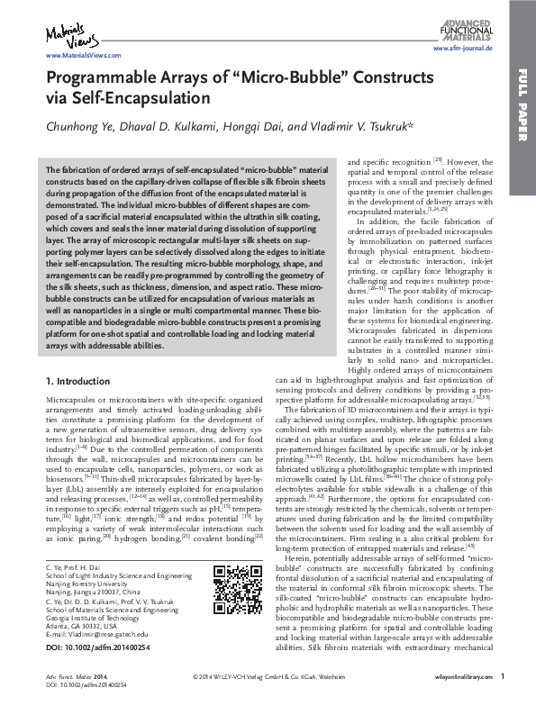 Pdf Programmable Arrays Of Micro Bubble” Constructs Via Self