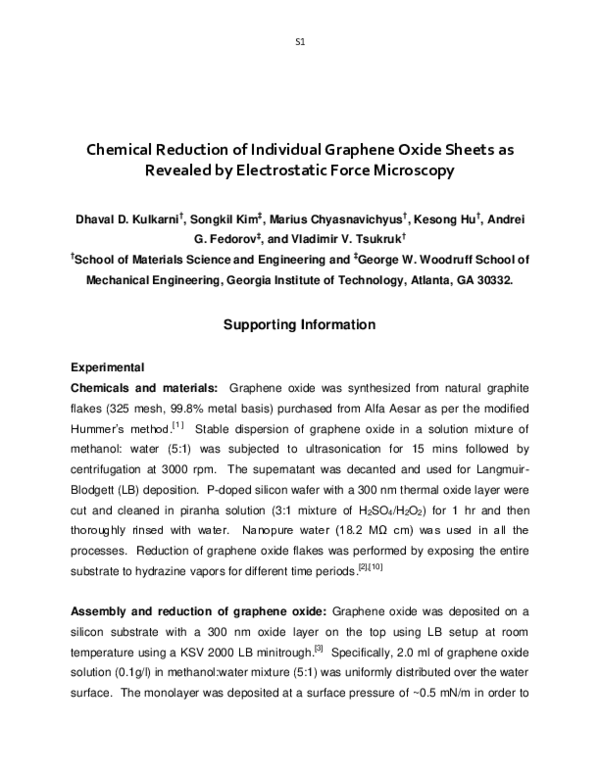 Pdf Chemical Reduction Of Individual Graphene Oxide Sheets As Revealed By Electrostatic Force