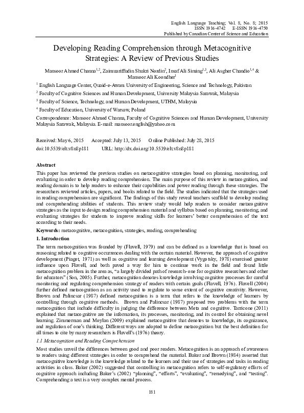 Pdf Developing Reading Comprehension Through Metacognitive Strategies