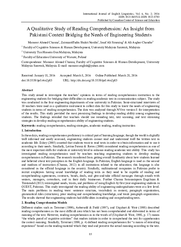 (PDF) A Qualitative Study of Reading Comprehension: An Insight from ...