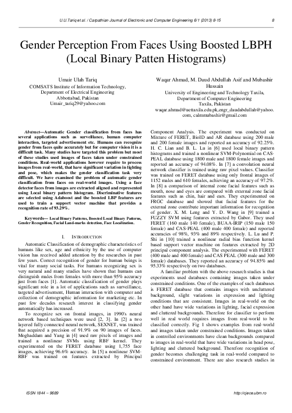 Pdf Gender Perception From Faces Using Boosted Lbph Local Binary