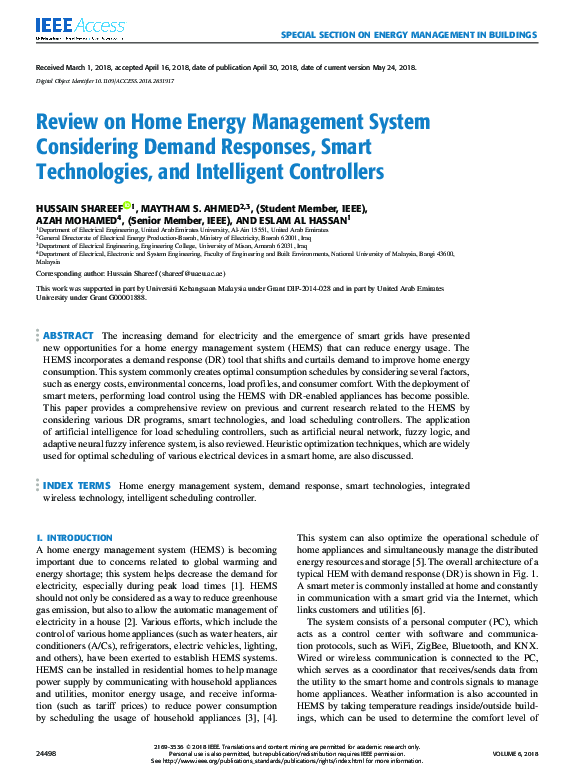 (PDF) Review on Home Energy Management System Considering Demand Responses, Smart Technologies ...