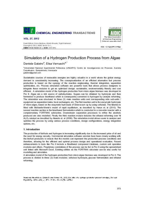 (PDF) Simulation of a Hydrogen Production Process from Algae