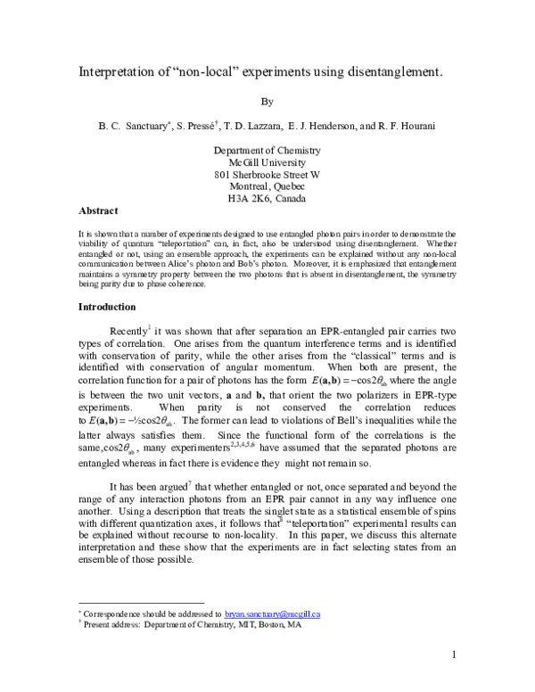 (PDF) Interpretation of" non-local" experiments using disentanglement | Bryan Sanctuary ...