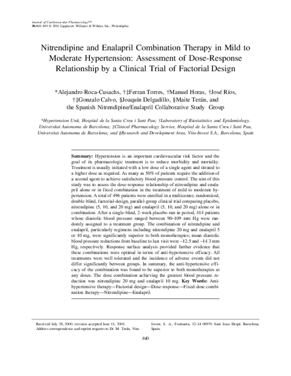 (PDF) Nitrendipine and Enalapril Combination Therapy in Mild to ...