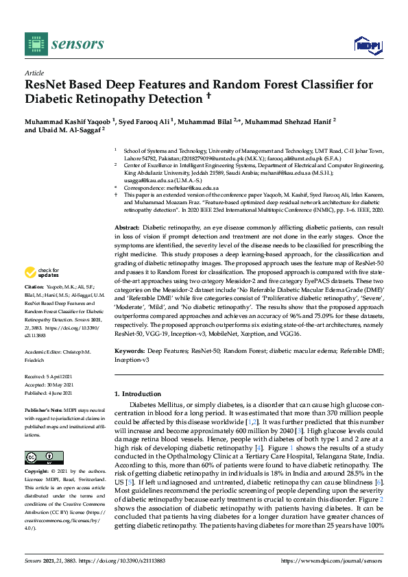 Resnet Based Deep Features And Random Forest Classifier For Diabetic Retinopathy Detection