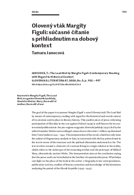 (PDF) Olovený vták Margity Figuli: súčasné čítanie s prihliadnutím na dobový kontext