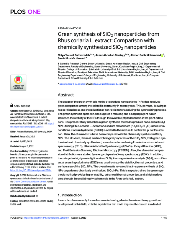 Pdf Green Synthesis Of Sio2 Nanoparticles From Rhus Coriaria L Extract Comparison With