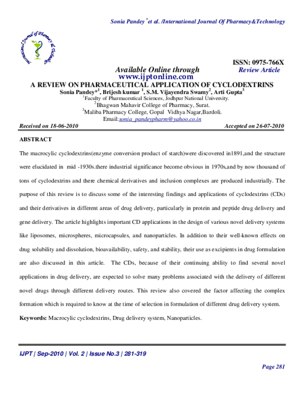 (PDF) A review on pharmaceutical application of cyclodextrins