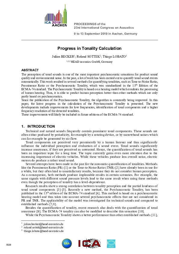 (PDF) Progress in Tonality Calculation