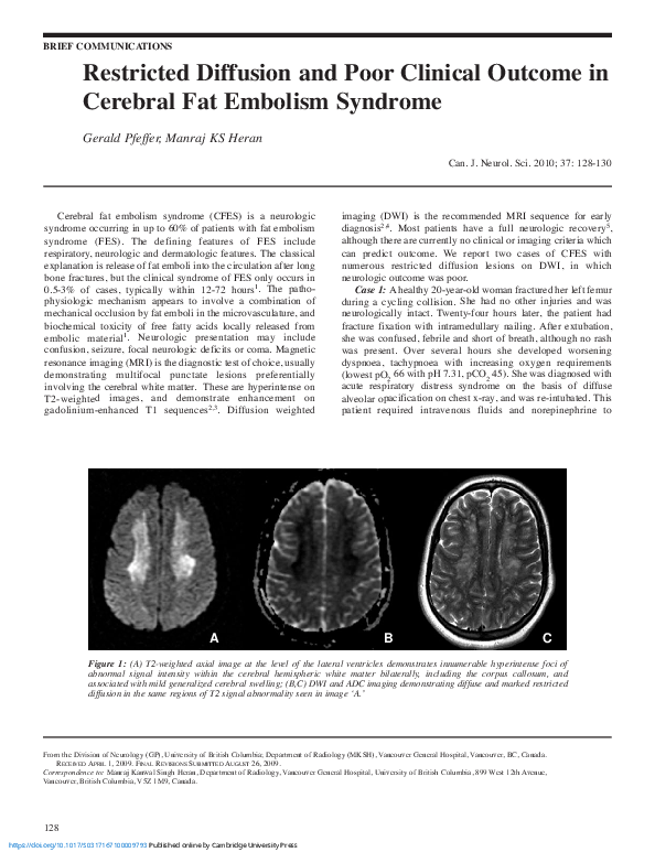 (PDF) Restricted Diffusion and Poor Clinical Outcome in Cerebral Fat ...