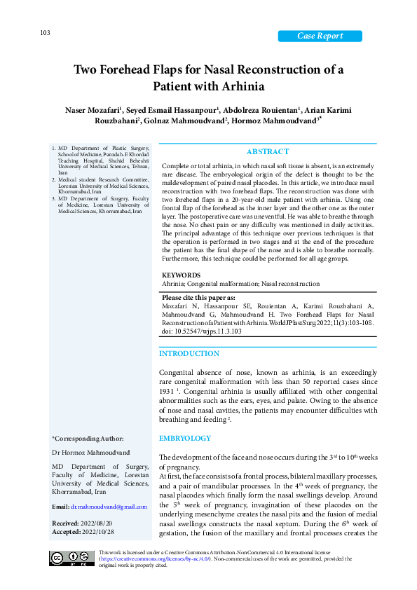 (PDF) Two Forehead Flaps for Nasal Reconstruction of a Patient with Arhinia