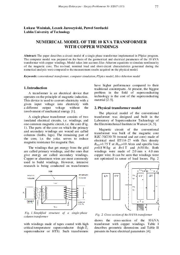 (PDF) Numerical model of the 10 kVA transformer with copper windings
