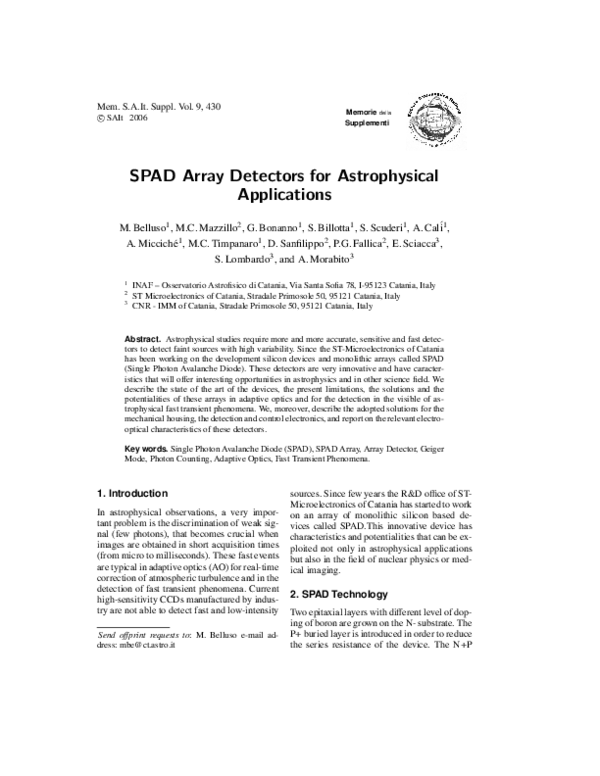 (PDF) SPAD Array Detectors for Astrophysical Applications