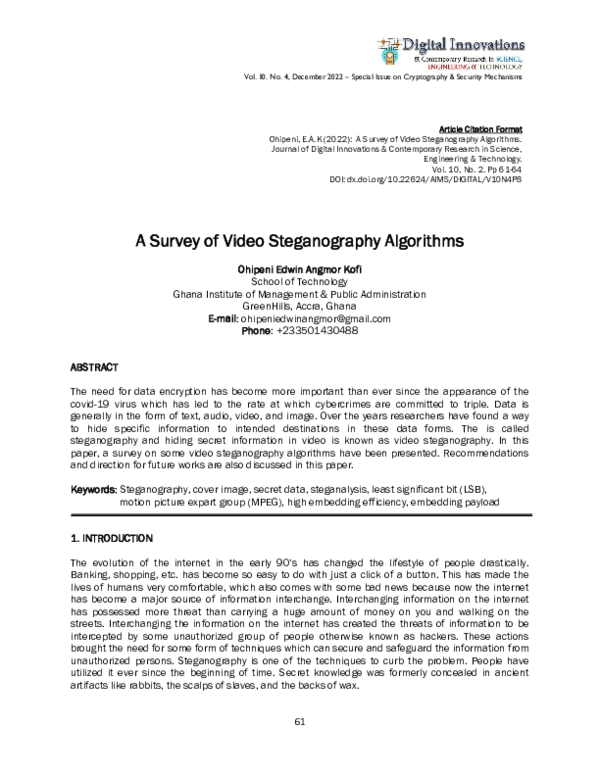 (PDF) A Survey of Video Steganography Algorithms