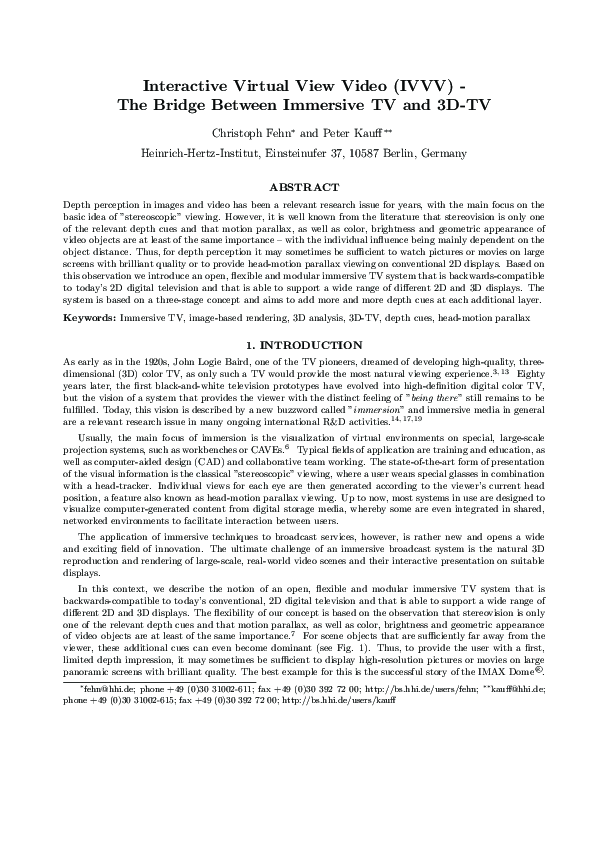 (PDF) Interactive Virtual View Video (IVVV) - The Bridge Between Immersive TV and 3D-TV