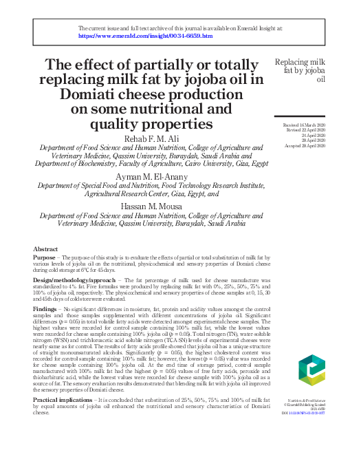 (PDF) The effect of partially or totally replacing milk fat by jojoba ...