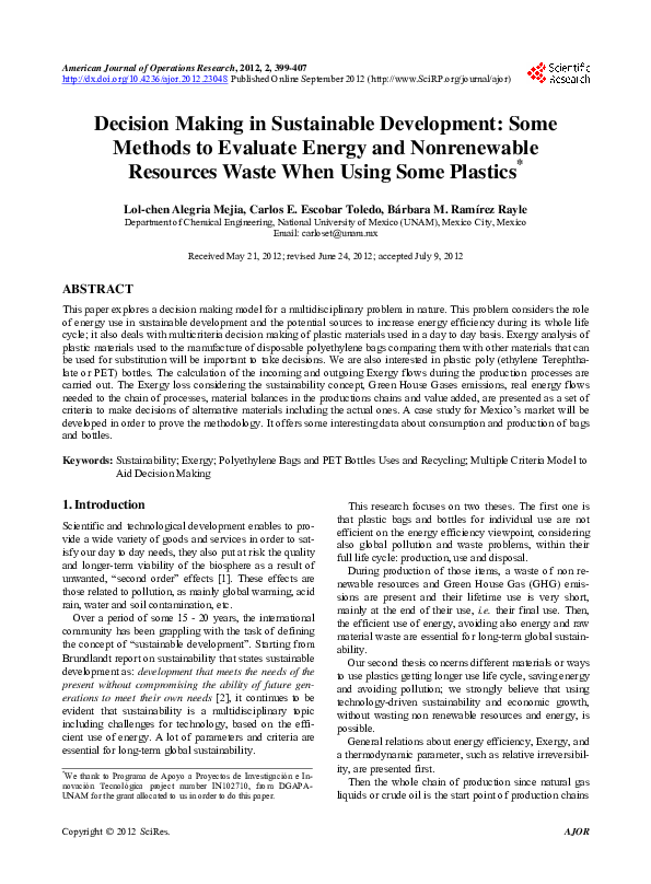 (PDF) Decision Making in Sustainable Development: Some Methods to Evaluate Energy and ...