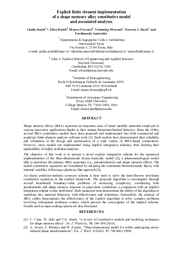 Pdf Explicit Finite Element Implementation Of A Shape Memory Alloy Constitutive Model And